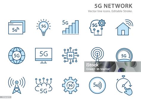 5g 網路扁平線圖示設置向量插圖可編輯的描邊向量圖形及更多第五代行動通訊系統圖片 第五代行動通訊系統 矢量圖 互聯網 Istock