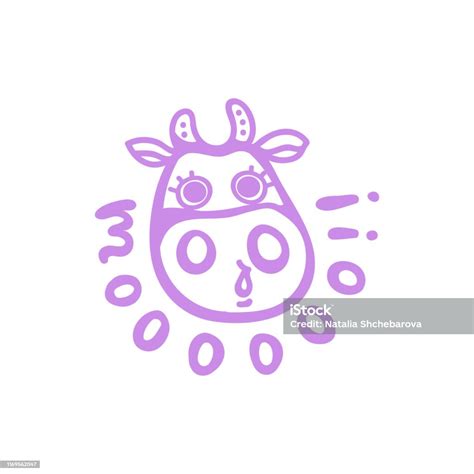 벡터 일러스트 라인 만화 Susprised 보라색 암소 얼굴입니다 손으로 그린 Moo 글자 패키지 포스터 라벨 디자인 배너 전단지 등에 적용 가능 귀여운에 대한 스톡 벡터