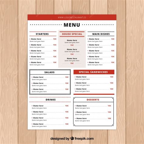 Free Vector Red Restaurant Menu With Many Sections
