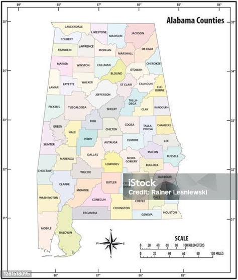 État De Lalabama Contour Carte Des Vecteurs Administratifs Et