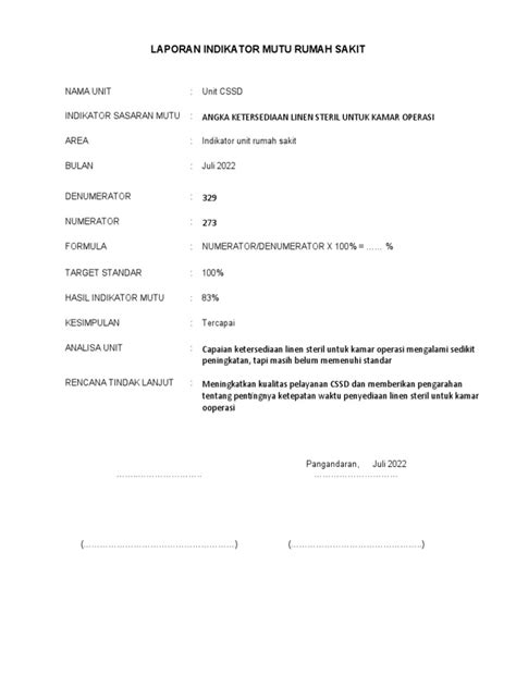 Laporan Indikator Mutu Unit Cssd Pdf