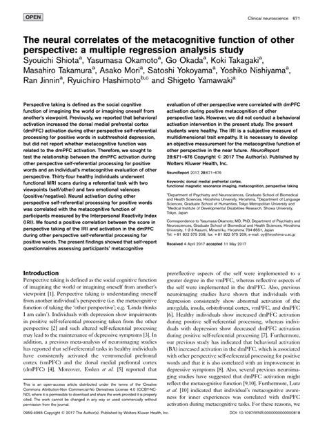 pdf the neural correlates of the metacognitive function of other