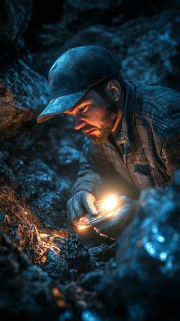 Ultrarealistic Scene Of Miner Using Handheld Scanner Premium Ai
