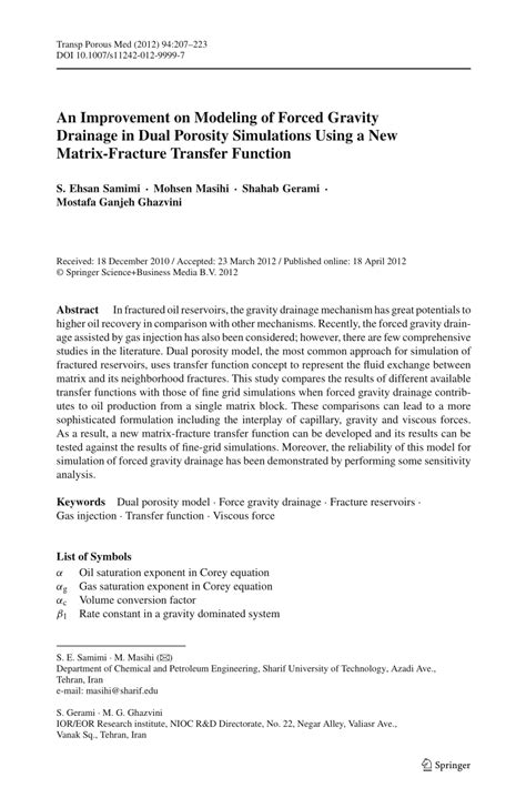 Pdf An Improvement On Modeling Of Forced Gravity Drainage In Dual Porosity Simulations Using A