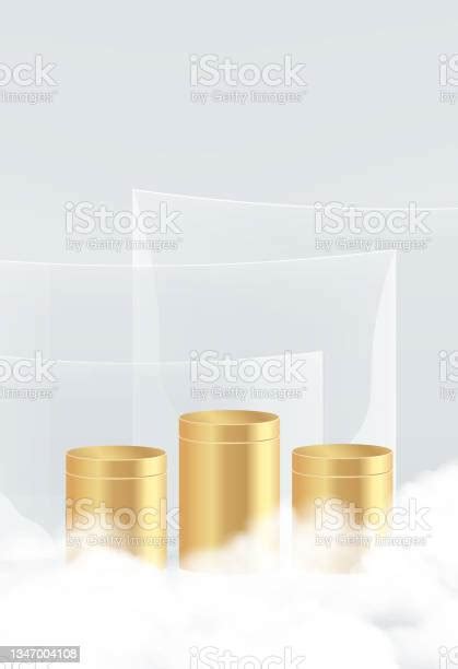 골드 포디움과 구름 추상 투명 배경 장면 스튜디오 또는 디스플레이 기하학적 모양 모양 제품 표시 프리젠 테이션과 최소한의 장면 3d 벡터 0명에 대한 스톡 벡터 아트 및