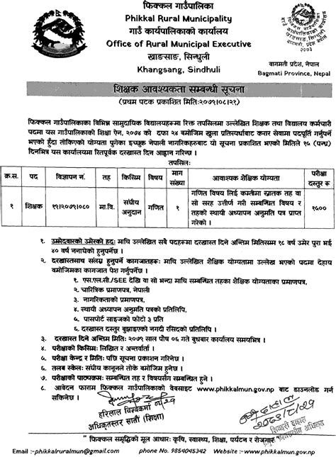 Phikkal Rural Municipality Vacancy For Secondary Level Teacher Science