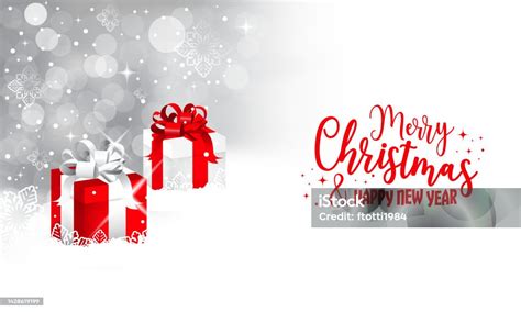 눈 속에 빨간색과 흰색 리본이있는 크리스마스 선물 강설량 눈송이 및 별이있는 겨울 마법의 휴가 풍경 크리스마스와 새해 인사말 카드 12월에 대한 스톡 벡터 아트 및 기타