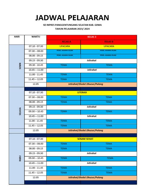 Jadwal Pelajaran Sd Inpres 2023 2024 Pdf