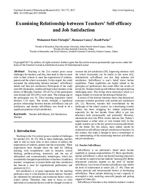 Pdf Examining Relationship Between Teachers Self Efficacy And Job Satisfaction
