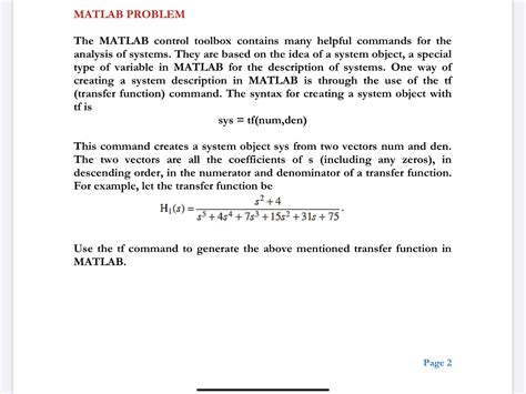 Solved Matlab Problem The Matlab Control Toolbox Contains