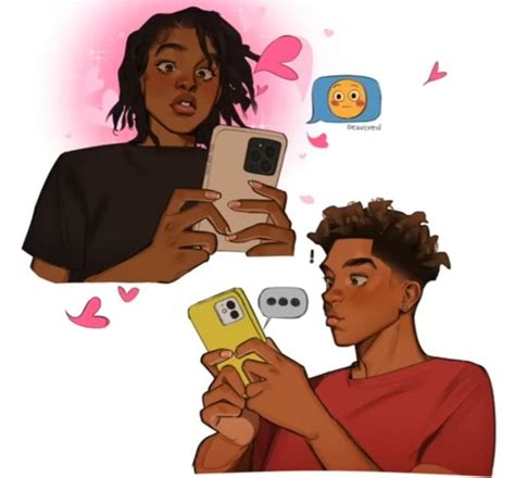 Two People Looking At Their Cell Phones With Emoticions In The