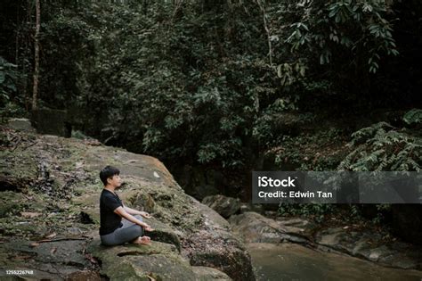 숲속의 강둑에서 명상하는 아시아 의 중국 중형 성인 여성 Mental Wellbeing에 대한 스톡 사진 및 기타 이미지