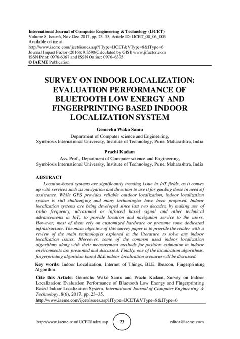 Pdf Survey On Indoor Localization Evaluation Performance Of