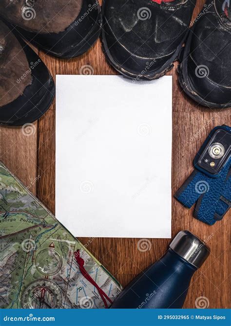 Adventure Hiking Exploration Flat Lay Mockup With Blank Paper Stock Image Image Of Textured