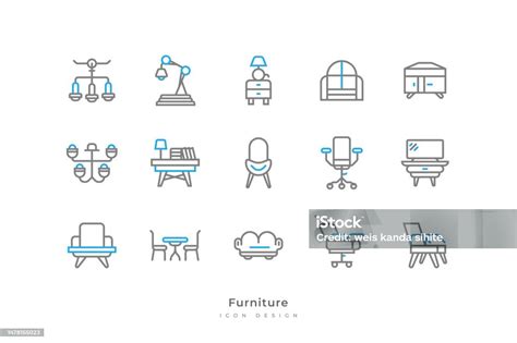 단순하고 미니멀한 선 스타일의 가구 아이콘 세트 홈 인테리어 요소 학습 램프 창문 작업대 사무실 의자 소파 등이 포함되어