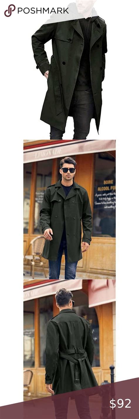 Mens Trench Coat Slim Fit Army Green Timeless Fashion Plus Fashion