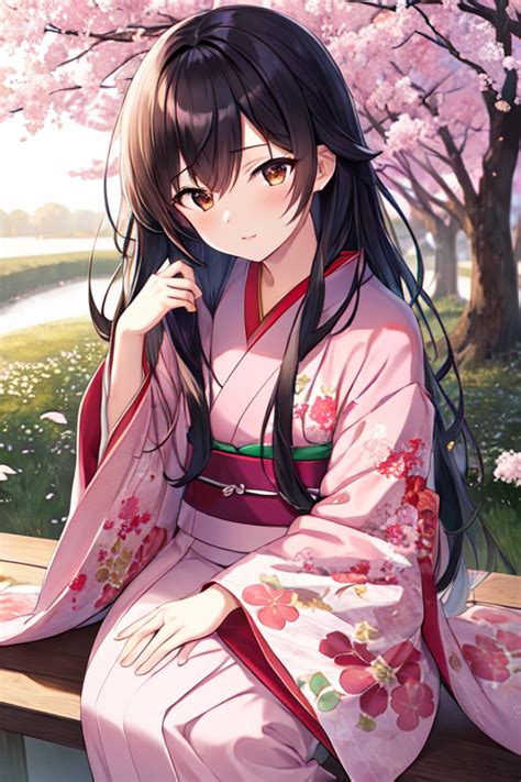 Anime Girl With Black Hair And Brown Eyes In A Kimono