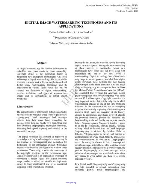 Digital Image Watermarking Techniques And Its Applications Ijertv2is3541 Pdf Data