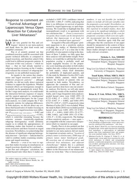 Pdf Response To Comment On Survival Advantage Of Laparoscopic Versus Open Resection For