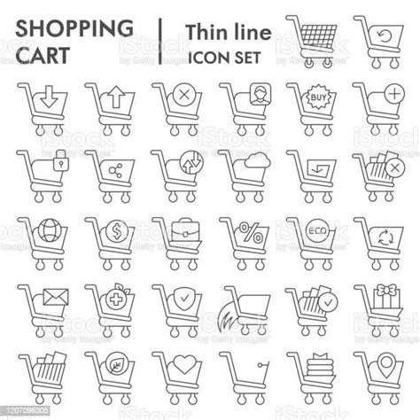 쇼핑 카트 얇은 라인 아이콘 세트 상거래 시장 컬렉션 벡터 스케치 로고 일러스트 레이션 웹 기호 흰색 배경에 고립 된 개요 Pictograms 패키지 Eps 10 10에