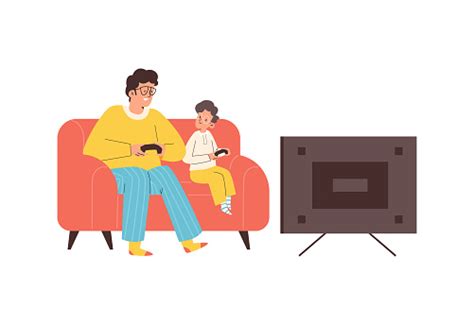 아버지와 아들은 함께 비디오 게임을 평면 벡터 일러스트 고립 등장인물에 대한 스톡 벡터 아트 및 기타 이미지 등장인물 소파