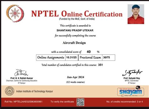 Successfully Completed Nptl Aircraft Design Course Under Iit Kanpur