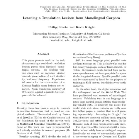 Learning A Translation Lexicon From Monolingual Corpora Acl Anthology