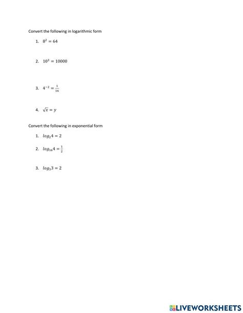 Logarithmic Worksheet Live Worksheets