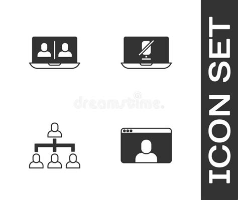 Set Video Chat Conference Hierarchy Organogram Chart And Mute Microphone Laptop Icon Vector