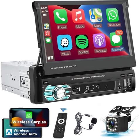 Podofo sans Fil Carplay 1 Din Autoradio avec Écran 7 Rétractable