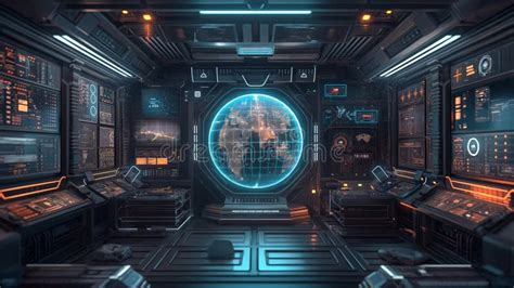 Advanced Sci Fi Command Center With Holographic Earth Stock Image