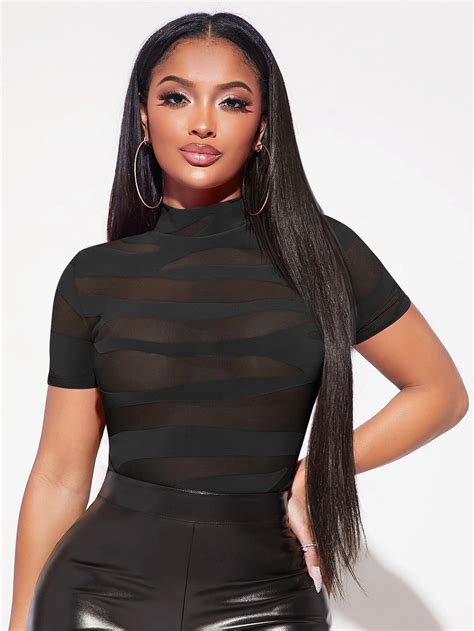 Mock Neck Mesh Bodysuit Comfy Jumpsuits