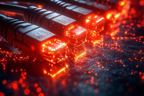 Cluster Of Glowing Red Cables Connected To A Network System Visualizing