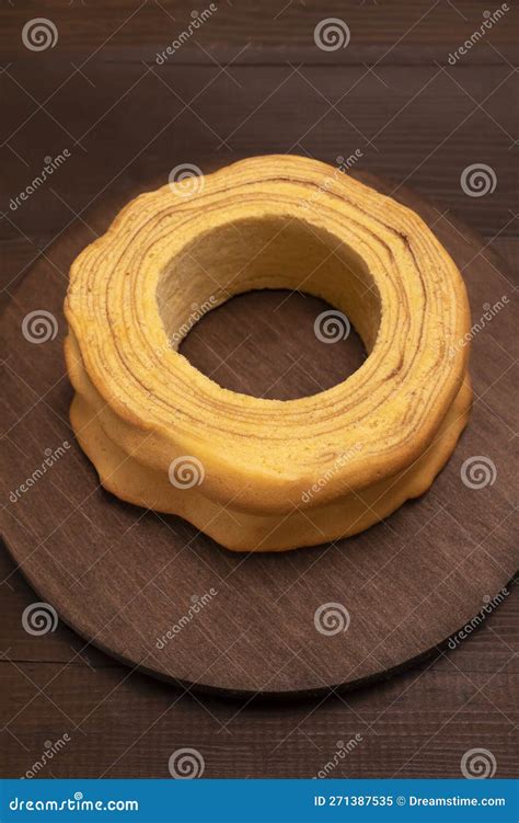 Top View Of Baumkuchen Sakotis Sekacz On Wooden Table Traditional