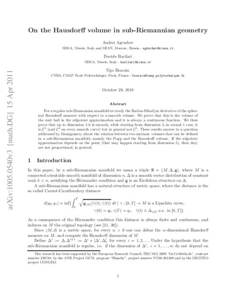 Pdf On The Hausdorff Volume In Sub Riemannian Geometry