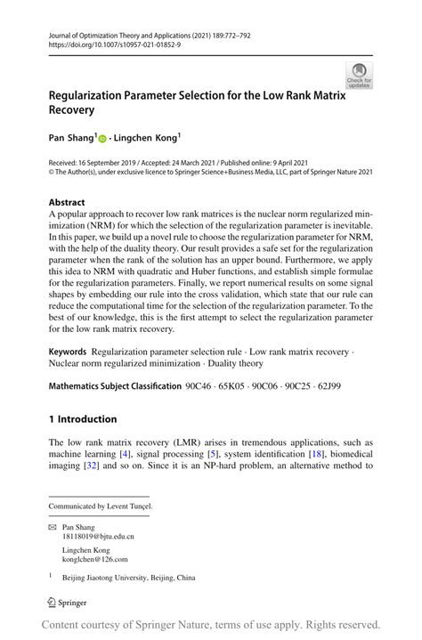 Regularization Parameter Selection For The Low Rank Matrix Recovery Request Pdf