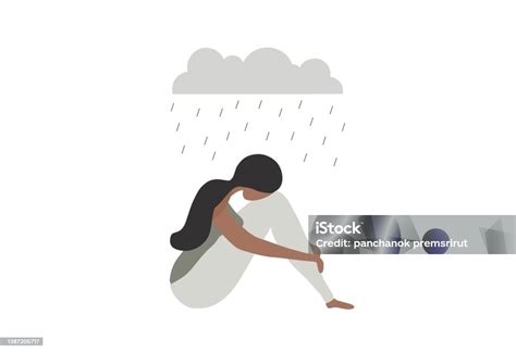슬프고 불행한 젊은 여성이 비 구름 벡터 일러스트레이션 아래에 앉아 있습니다 불행하고 스트레스 심리학 정신 건강 우울증 개념