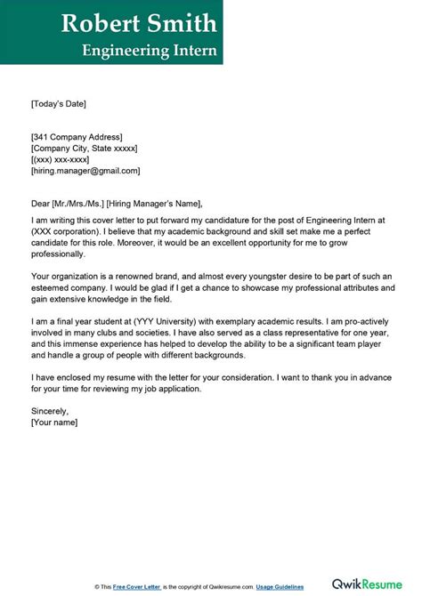 Civil Engineering Internship Cover Letter