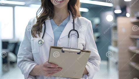 Female Medical Assistant With Clipboard In Clinic Stock Illustration