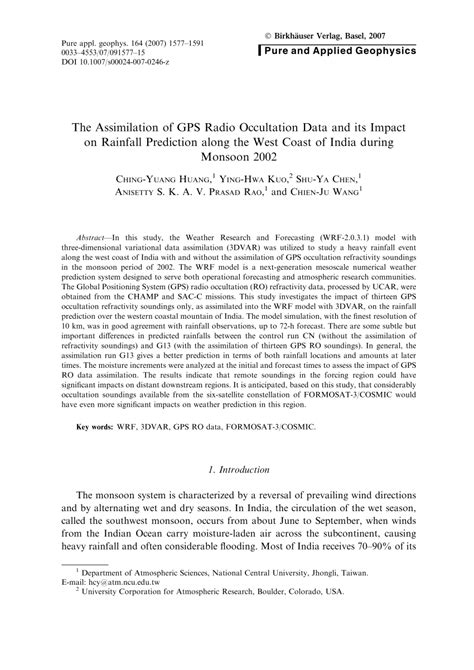 Pdf The Assimilation Of Gps Radio Occultation Data And Its Impact On Rainfall Prediction Along