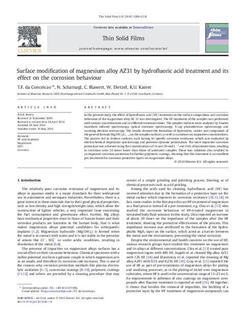 Pdf Surface Modification Of Magnesium Alloy Az31 By Hydrofluoric Acid Treatment And Its Effect