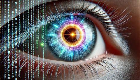 Close Up Of Human Eye With Glowing Digital Codes Similar To Matrices