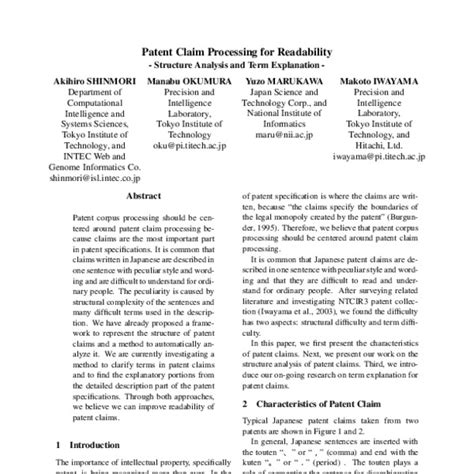 Patent Claim Processing For Readability Structure Analysis And Term Explanation Acl Anthology