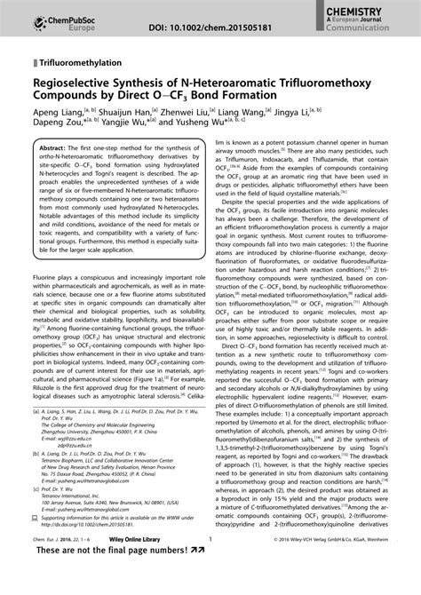 Pdf Cheminform Abstract Regioselective Synthesis Of N Heteroaromatic Trifluoromethoxy