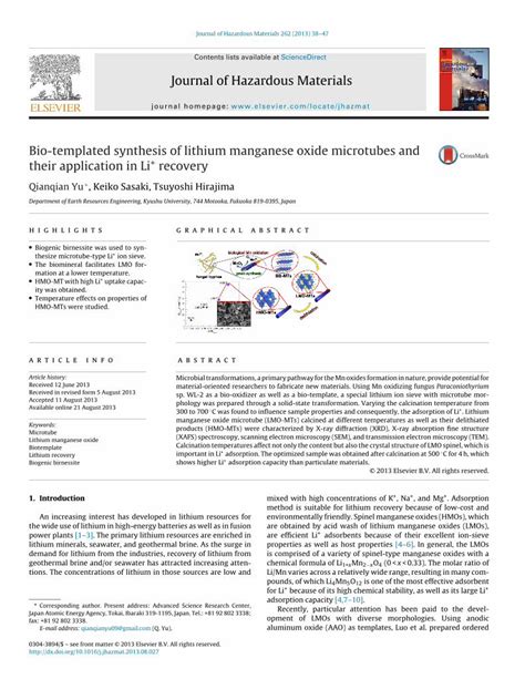 Pdf Bio Templated Synthesis Of Lithium Manganese Oxide Microtubes And