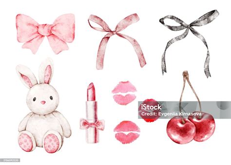 요괴 스타일의 수채화 요소 집합입니다 체리 장난감 토끼 입술 립스틱 활 클립아트 콜라주 스크랩북 개체 그룹에 대한 스톡 벡터 아트 및 기타 이미지 Istock