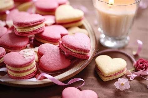 Heart Shaped Cream Cakes For Valentine S Day On A Festive Table With