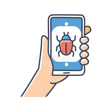 bug on phone screen hand holding phone with bug on screen representing a security risk or
