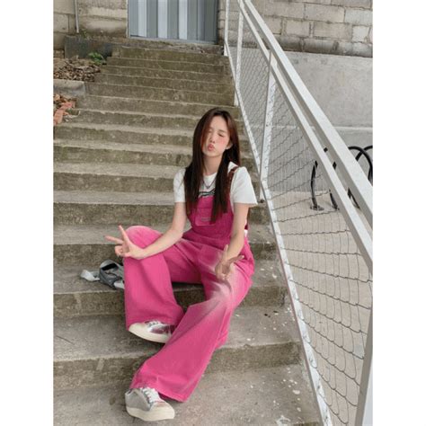 빈티지 워싱 로즈 핑크 청바지 멜빵 여성 여름 루즈 스트레이트 와이드 팬츠 롱 팬츠 스포티 심플 스포티 20대 후반 20대 중반