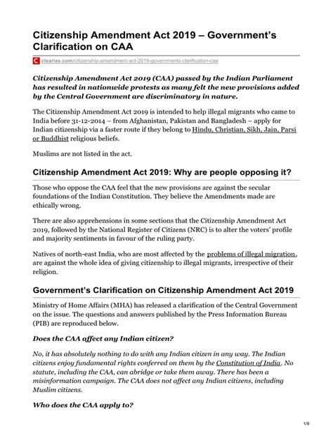 Citizenship Amendment Act 2019 Governments Clarification On Caa Pdf